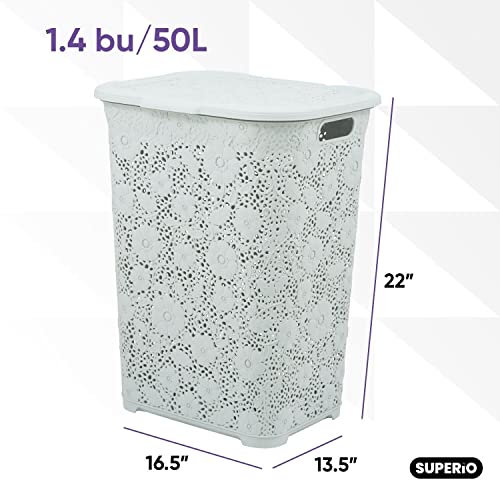 Laundry Hampers with Lid Lace Design 50 Liter (2 Pack) Soft Grey Laundry Hamper Basket with Cutout Handles, Rectangular Shape Modern Style Bin -Dirty Cloths Storage (White Smoke)