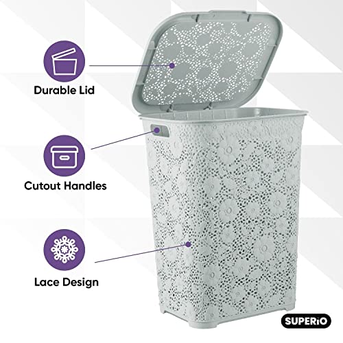 Laundry Hampers with Lid Lace Design 50 Liter (2 Pack) Soft Grey Laundry Hamper Basket with Cutout Handles, Rectangular Shape Modern Style Bin -Dirty Cloths Storage (White Smoke)