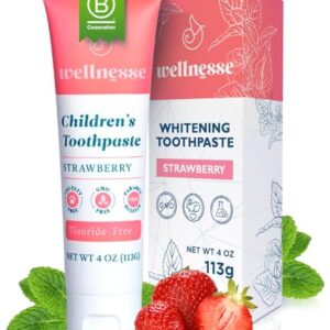 Wellnesse Kids Hydroxyapatite Toothpaste & Fluoride-Free - Natural Ingredients w/Strawberry Flavor - Suitable for Toddlers to Baby Kids Toddler - Sensory Friendly, Vegan & Cruelty-Free