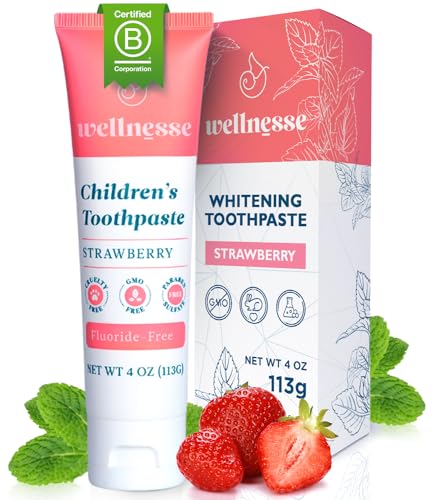 Wellnesse Kids Hydroxyapatite Toothpaste & Fluoride-Free - Natural Ingredients w/Strawberry Flavor - Suitable for Toddlers to Baby Kids Toddler - Sensory Friendly, Vegan & Cruelty-Free