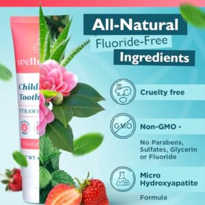 Wellnesse Kids Hydroxyapatite Toothpaste & Fluoride-Free - Natural Ingredients w/Strawberry Flavor - Suitable for Toddlers to Baby Kids Toddler - Sensory Friendly, Vegan & Cruelty-Free