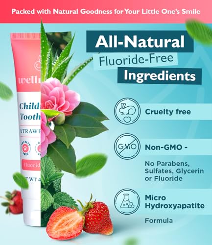 Wellnesse Kids Hydroxyapatite Toothpaste & Fluoride-Free - Natural Ingredients w/Strawberry Flavor - Suitable for Toddlers to Baby Kids Toddler - Sensory Friendly, Vegan & Cruelty-Free