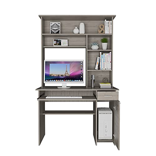 Depot E-Shop Xalo 180 Computer Hutch Desk with Keyboard Tray, Door Panel for CPU, 5 Shelves, and Drawer, Light Gray