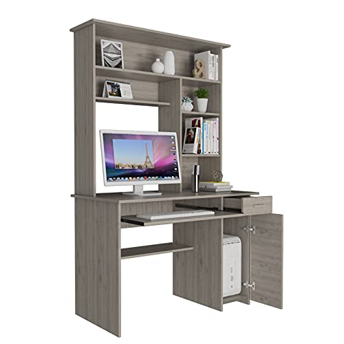 Depot E-Shop Xalo 180 Computer Hutch Desk with Keyboard Tray, Door Panel for CPU, 5 Shelves, and Drawer, Light Gray