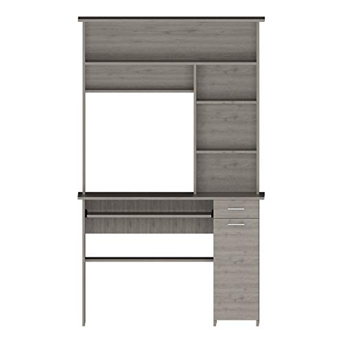 Depot E-Shop Xalo 180 Computer Hutch Desk with Keyboard Tray, Door Panel for CPU, 5 Shelves, and Drawer, Light Gray