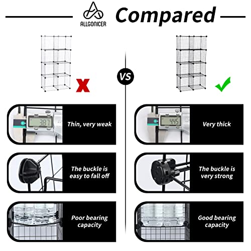 AllGoNicer 14"x14" Wire Grid Shelf Cubes, Patented Design, Sturdy and Long Last, Floor-Stand or Wall-Hang, Easy DIY Assembly (12cubes/43panels, Black)