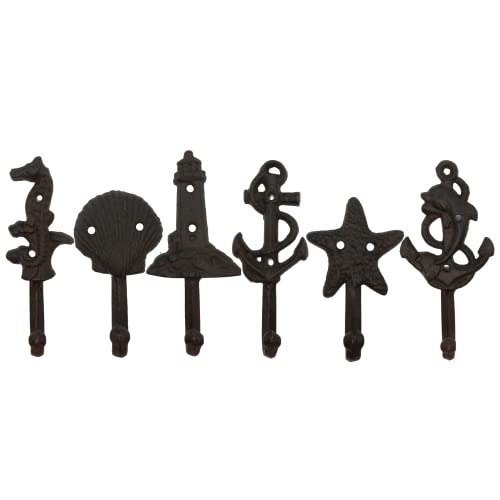 Needzo Cast Iron Nautical Hanging Hooks, Six Pack Mounted Wall Accessories for Bathroom Towels, Coats, Robes, Keys, and More, Vary from 4.5 to 6 Inches