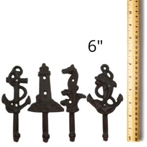 Needzo Cast Iron Nautical Hanging Hooks, Six Pack Mounted Wall Accessories for Bathroom Towels, Coats, Robes, Keys, and More, Vary from 4.5 to 6 Inches