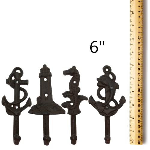 Needzo Cast Iron Nautical Hanging Hooks, Six Pack Mounted Wall Accessories for Bathroom Towels, Coats, Robes, Keys, and More, Vary from 4.5 to 6 Inches