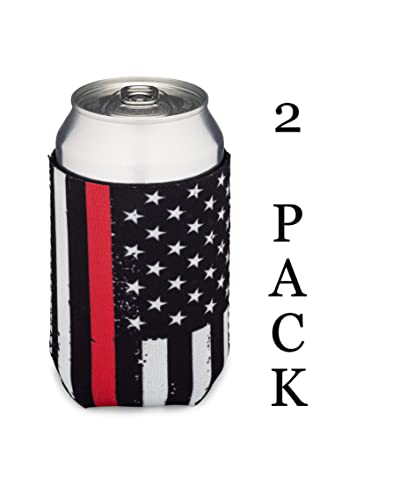 Thin Red Line Collapsible Beer Can and Bottle Beverage Cooler Sleeves - 2 Pack - Standard Size 12 oz - 3mm Thick Insulated Neoprene - Fireman Firefighter