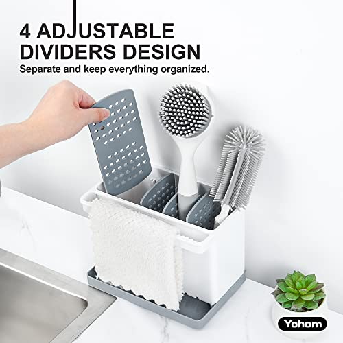 YOHOM Dish Brush Holder for Kitchen Sink Sponge Caddy Countertop Organizer Plastic Scrub Brush Holder with Dividers