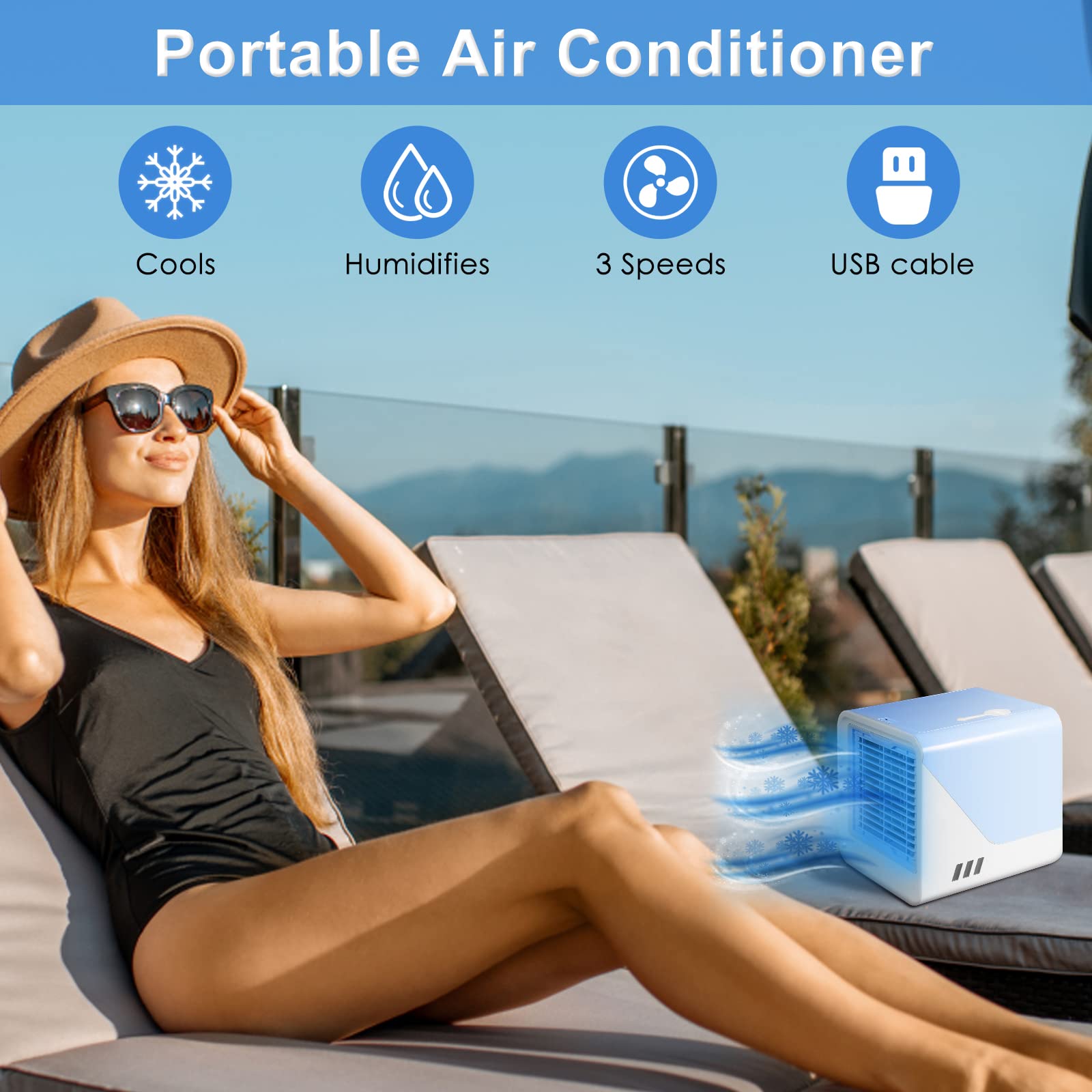 Llfaiww Portable Air Conditioner, Personal Mini Air Conditioner in 3 Speed, USB Air Cooler with LED Light for Office Bedroom Kitchen Nightstand, Blue