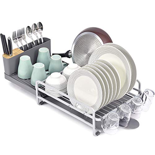 TOOLF Dish Rack and Drainboard Set, Extend Large Dish Drying Rack with Swivel Spout for Kitchen Counter or Sink, Expandable Dish Drainer Rack with Utensil Holder and Cup Holder (Expandable)