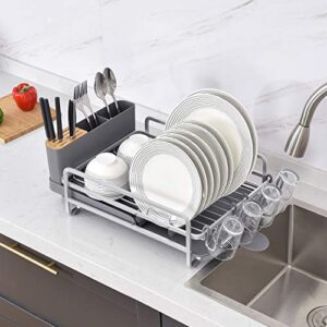 TOOLF Dish Rack and Drainboard Set, Extend Large Dish Drying Rack with Swivel Spout for Kitchen Counter or Sink, Expandable Dish Drainer Rack with Utensil Holder and Cup Holder (Expandable)