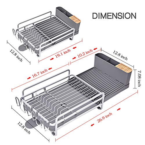 TOOLF Dish Rack and Drainboard Set, Extend Large Dish Drying Rack with Swivel Spout for Kitchen Counter or Sink, Expandable Dish Drainer Rack with Utensil Holder and Cup Holder (Expandable)