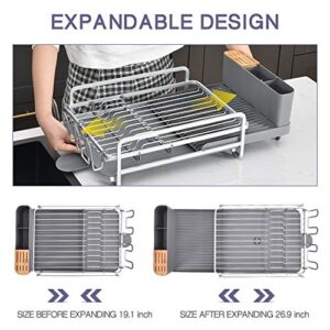 TOOLF Dish Rack and Drainboard Set, Extend Large Dish Drying Rack with Swivel Spout for Kitchen Counter or Sink, Expandable Dish Drainer Rack with Utensil Holder and Cup Holder (Expandable)