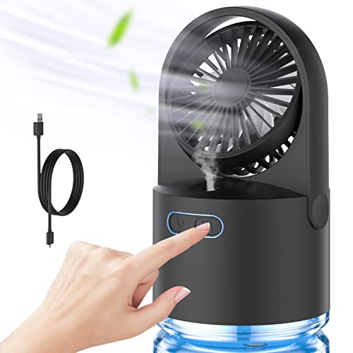 KECYCEYN Desk Fan, Small Cooling Misting Fan with Large Water Tank and 7 Colorful Nightlight, 3 Speeds Rechargeable with 2000mAh Battery Powered Personal Fan for Outdoors, Office, Home(Black)