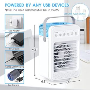 Portable Air Conditioner, 90° Oscillating Evaporative Personal Air Cooler Humidifier with 4 Wind Speeds, Timer & LED Light, USB Quiet Fast Cooling Fan for Home, Office, Bedroom, Car, Camping - White