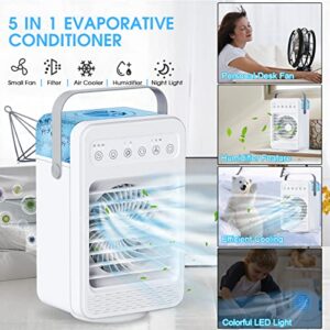 Portable Air Conditioner, 90° Oscillating Evaporative Personal Air Cooler Humidifier with 4 Wind Speeds, Timer & LED Light, USB Quiet Fast Cooling Fan for Home, Office, Bedroom, Car, Camping - White