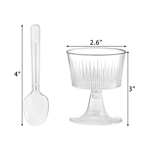 Elsjoy 75 Pack Mini Dessert Cups with Spoons, 3.5 Oz Clear Plastic Appetizer Cups Disposable Tasting Cups for Mousse, Ice Cream, Puddings, Detachable Stem Base