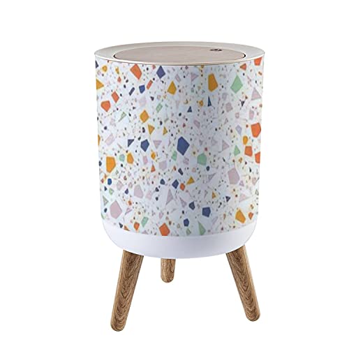 Round Trash Can with Press Lid Terrazzo Seamless Repeat Bright colors on white Thousands of random Small Garbage Can Trash Bin Dog-proof Trash Can Wooden Legs Waste Bin Wastebasket 7L/1.8 Gallon