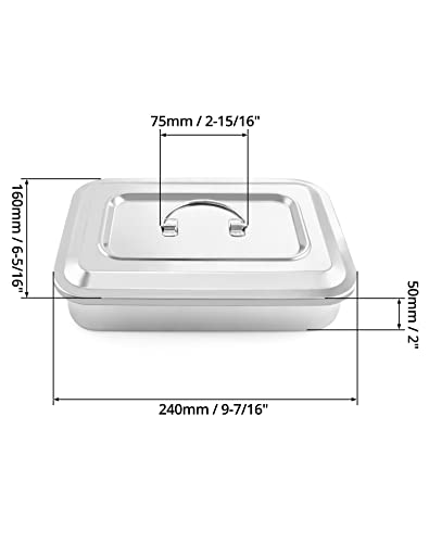 QWORK Medical Stainless Steel Instrument Tray Organizer Holder with Lid and Handle Grip for Surgical Medical Dental Instruments, 9.5" x 6.3" x 2", 2 Pack