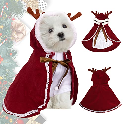 Dog Christmas Costume, Nobleza Pet Santa Reindeer Cape Outfit with Elk Antlers Hat, Soft and Thick Red Polar Fleece Cat Xmas Cloak Clothes for Cats and Large Dogs Holiday Cosplay Party