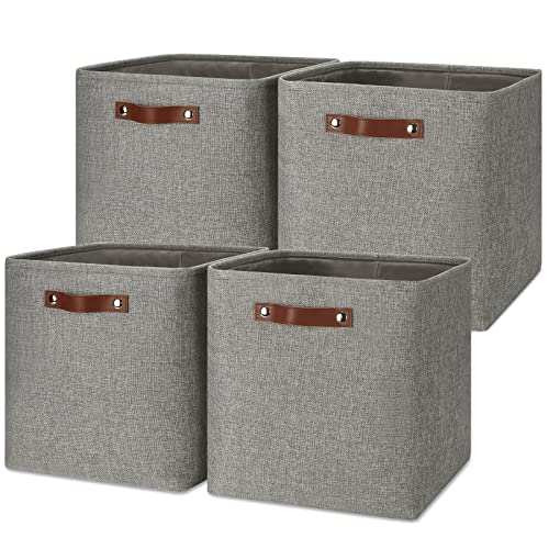 Temary Storage Baskets 13 Inch Fabric Storage Cubes for Shelves Set of 4 Storage Cube Bins for Home, Office, Storage Organizers for Toys with Leather Handles(Grey)