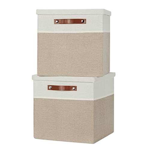 Temary Fabric Storage Bins with Lids 13 Inch Storage Cubes with Lid, Decorative Foldable Storage Boxes for Clothes, Closet Organizers (White&Khaki, 13x13x13inch)