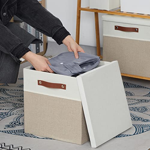 Temary Fabric Storage Bins with Lids 13 Inch Storage Cubes with Lid, Decorative Foldable Storage Boxes for Clothes, Closet Organizers (White&Khaki, 13x13x13inch)