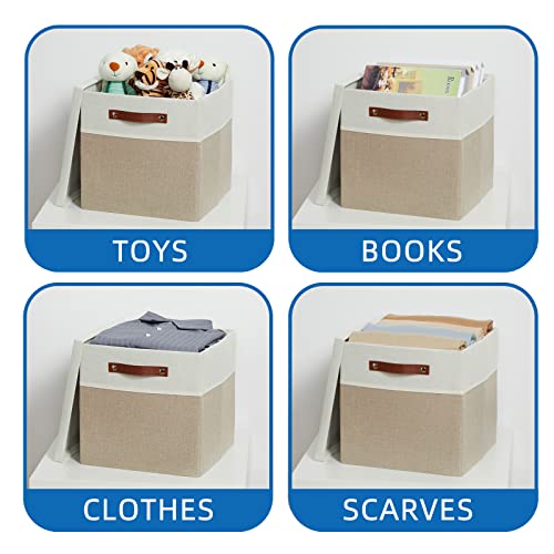 Temary Fabric Storage Bins with Lids 13 Inch Storage Cubes with Lid, Decorative Foldable Storage Boxes for Clothes, Closet Organizers (White&Khaki, 13x13x13inch)