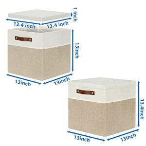 Temary Fabric Storage Bins with Lids 13 Inch Storage Cubes with Lid, Decorative Foldable Storage Boxes for Clothes, Closet Organizers (White&Khaki, 13x13x13inch)