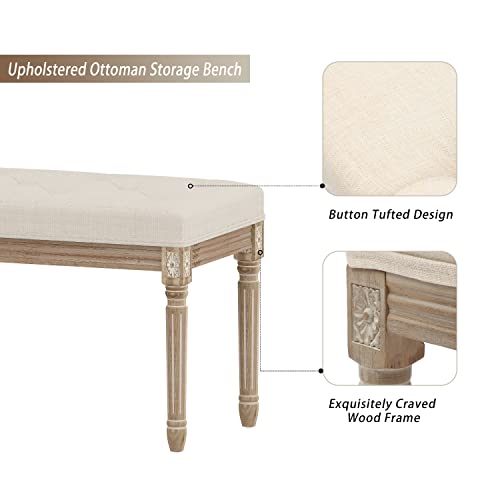 Yusong Upholstered Bench,Bedroom Bench for End of Bed,Piano Bench Dining Bench Entryway Shoe Bench with Button Tufted Padded Seat for Living Room, Vanity Bench Foot-Stool with Carved Wood Legs,Beige