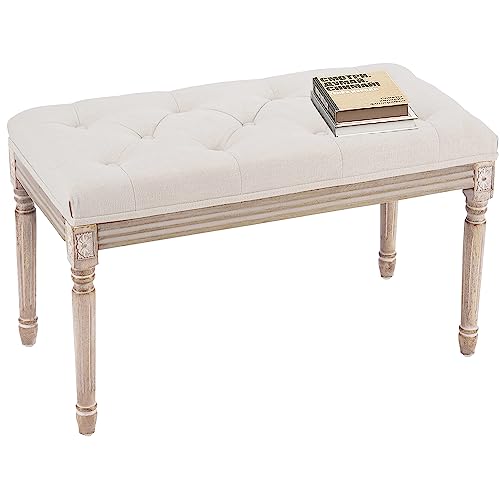 Yusong Upholstered Bench,Bedroom Bench for End of Bed,Piano Bench Dining Bench Entryway Shoe Bench with Button Tufted Padded Seat for Living Room, Vanity Bench Foot-Stool with Carved Wood Legs,Beige