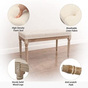 Yusong Upholstered Bench,Bedroom Bench for End of Bed,Piano Bench Dining Bench Entryway Shoe Bench with Button Tufted Padded Seat for Living Room, Vanity Bench Foot-Stool with Carved Wood Legs,Beige