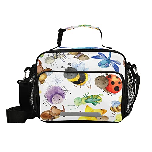 KOCOART Cartoon Insects Insulated Lunch Bag Large for Women Men Bee Dragonfly Bug Cooler Tote Bag with Adjustable Shoulder Strap Reusable Picnic Lunch Box Outdoor for Adult Office