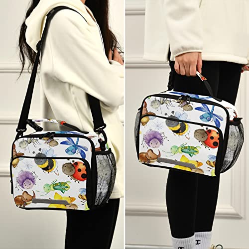 KOCOART Cartoon Insects Insulated Lunch Bag Large for Women Men Bee Dragonfly Bug Cooler Tote Bag with Adjustable Shoulder Strap Reusable Picnic Lunch Box Outdoor for Adult Office