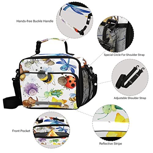 KOCOART Cartoon Insects Insulated Lunch Bag Large for Women Men Bee Dragonfly Bug Cooler Tote Bag with Adjustable Shoulder Strap Reusable Picnic Lunch Box Outdoor for Adult Office