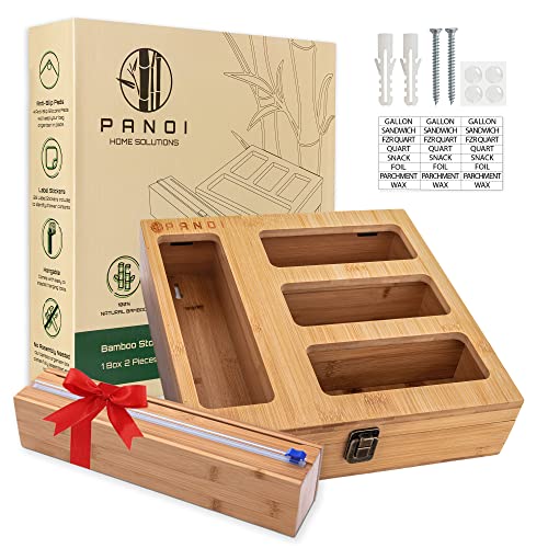 PANOI Ziplock Bamboo Storage Baggie Organizer, Wrap Dispenser with Slide Cutter, Sticker Labels - Hanging Kitchen or drawer for Gallon, Quart, Sandwich, Snack Plastic Bags.