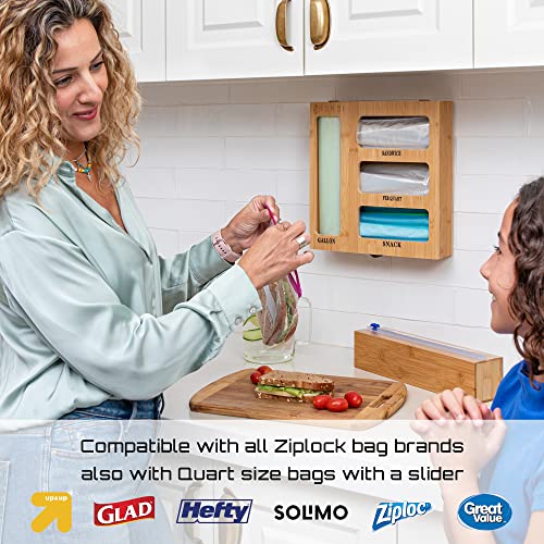 PANOI Ziplock Bamboo Storage Baggie Organizer, Wrap Dispenser with Slide Cutter, Sticker Labels - Hanging Kitchen or drawer for Gallon, Quart, Sandwich, Snack Plastic Bags.