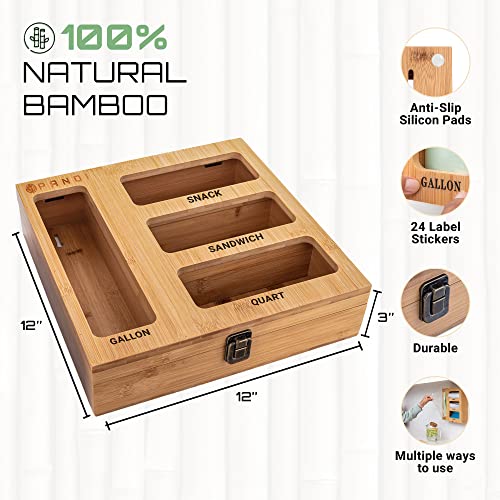 PANOI Ziplock Bamboo Storage Baggie Organizer, Wrap Dispenser with Slide Cutter, Sticker Labels - Hanging Kitchen or drawer for Gallon, Quart, Sandwich, Snack Plastic Bags.