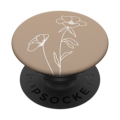 Boho Neutral Beige Aesthetic Minimalist Floral Line Art Tan PopSockets Swappable PopGrip