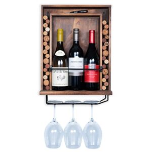 rustic state kayra wall mounted wood wine bottle box rack with cork storage glassware holder stemware shelf organizer - home, kitchen, dining room bar décor - walnut