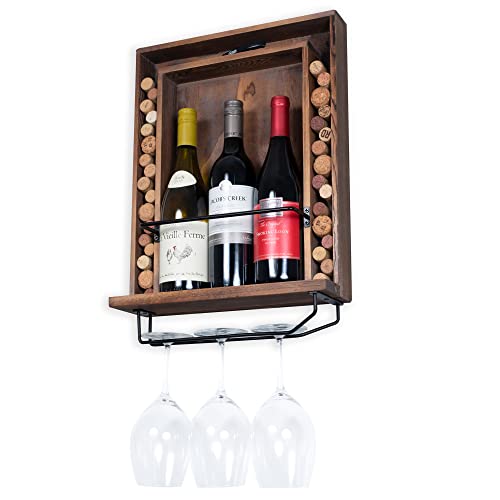 Rustic State Kayra Wall Mounted Wood Wine Bottle Box Rack with Cork Storage Glassware Holder Stemware Shelf Organizer - Home, Kitchen, Dining Room Bar Décor - Walnut