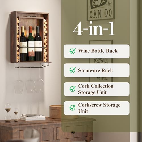 Rustic State Kayra Wall Mounted Wood Wine Bottle Box Rack with Cork Storage Glassware Holder Stemware Shelf Organizer - Home, Kitchen, Dining Room Bar Décor - Walnut