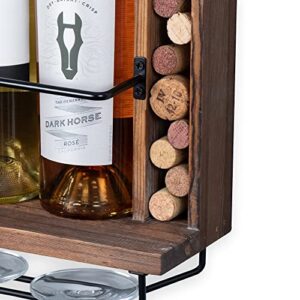 Rustic State Kayra Wall Mounted Wood Wine Bottle Box Rack with Cork Storage Glassware Holder Stemware Shelf Organizer - Home, Kitchen, Dining Room Bar Décor - Walnut