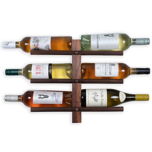 Rustic State Kuntra Wall Mounted Wood Vertical Wine Rack Holder Storage Shelf Organizer for 6 Bottles - Home, Kitchen, Dining Room Bar Décor - Walnut