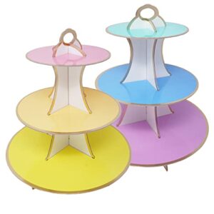 3-tier dessert & cupcake decorative serving tray stand for birthdays and all themed parties & events, 2 serving towers per pack (pastel rainbow)