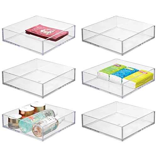 mDesign Plastic Bathroom Bin Tray - Square Storage Organizer for Vanity, Drawer, Dresser, Table - Perfect Countertop Tray for Organizing Makeup, Hand Soap, and More - Prism Collection - 6 Pack - Clear