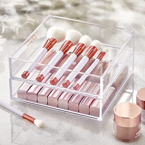 mDesign Plastic Bathroom Bin Tray - Square Storage Organizer for Vanity, Drawer, Dresser, Table - Perfect Countertop Tray for Organizing Makeup, Hand Soap, and More - Prism Collection - 6 Pack - Clear